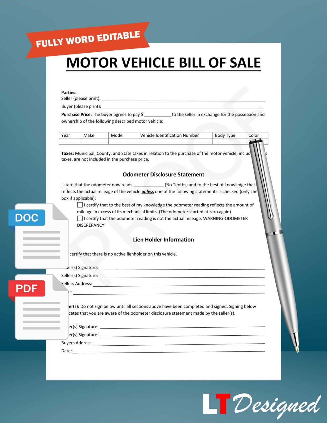 Printable Vehicle Bill of Sale. Editable Bill of Sale Contract. Auto ...