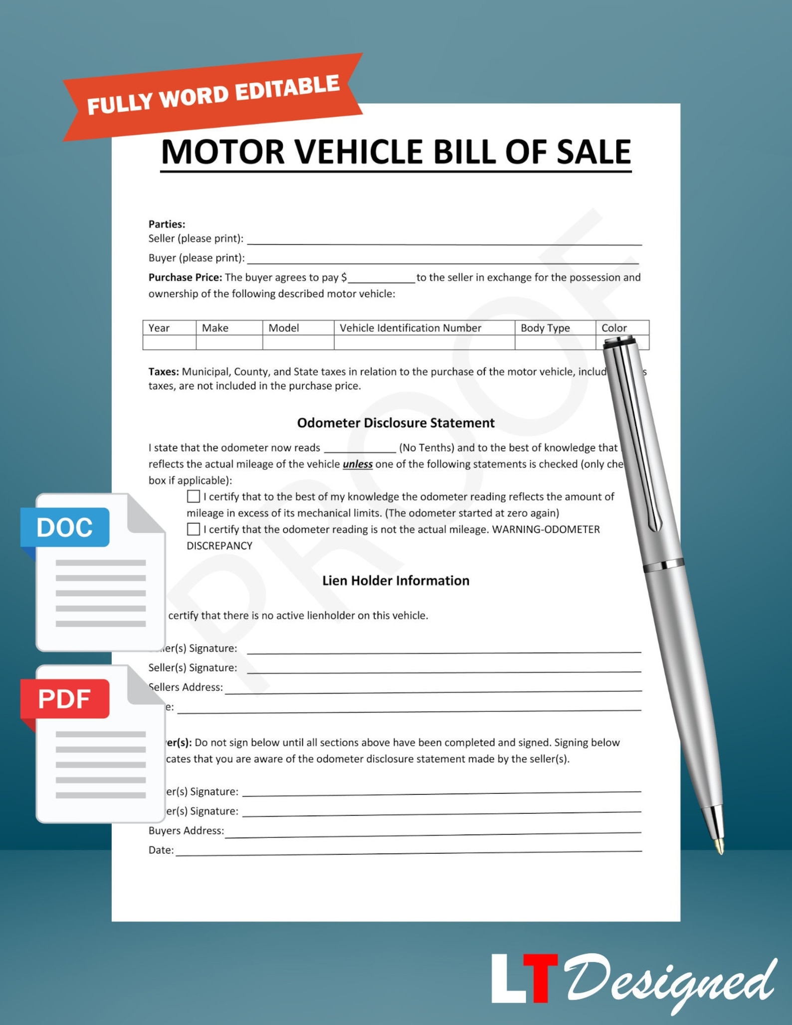 Printable Vehicle Bill of Sale. Editable Bill of Sale Contract. Auto ...