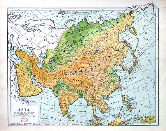 Items similar to Asia Map - 1899 Antique Physical Map of Asia World ...