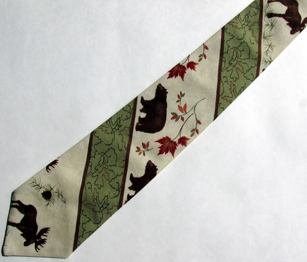 Bear and Moose Cream and Green Necktie, Outdoorsman Necktie, Hunter Tie ...