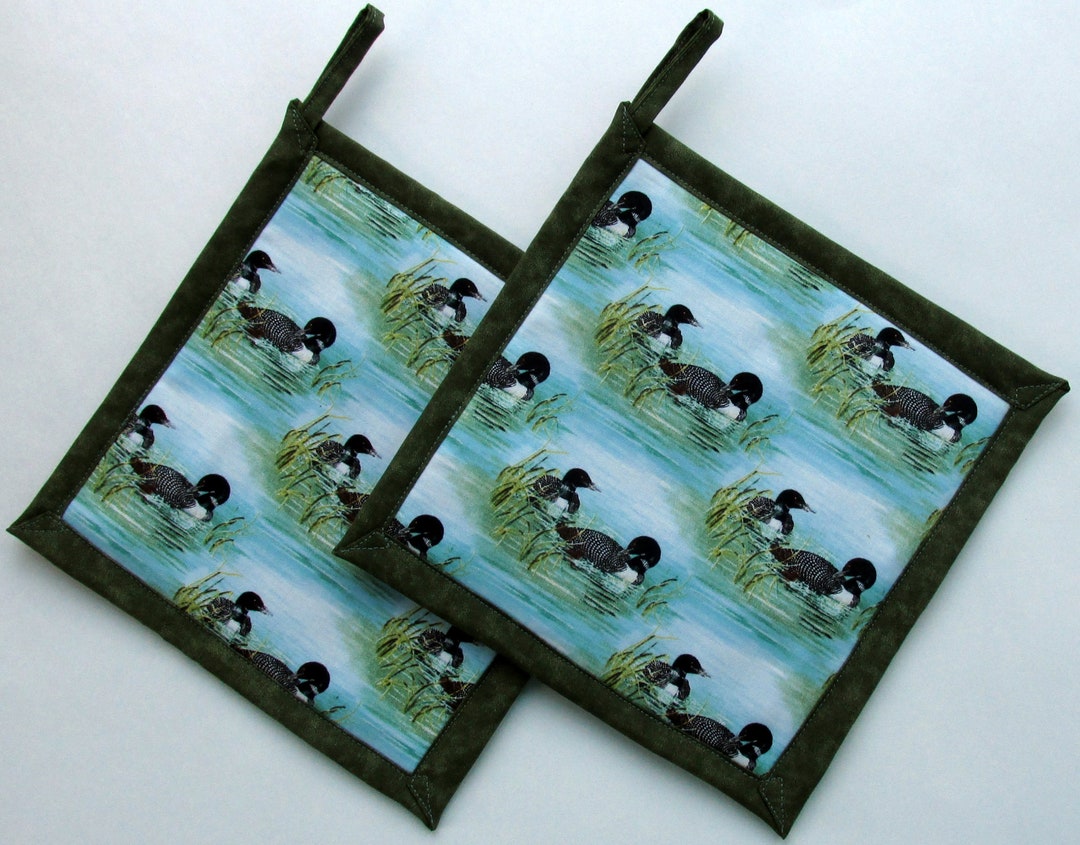 Loon Potholders Green, Loon Pot Holders, Green Fabric Pot Holders, Loon ...