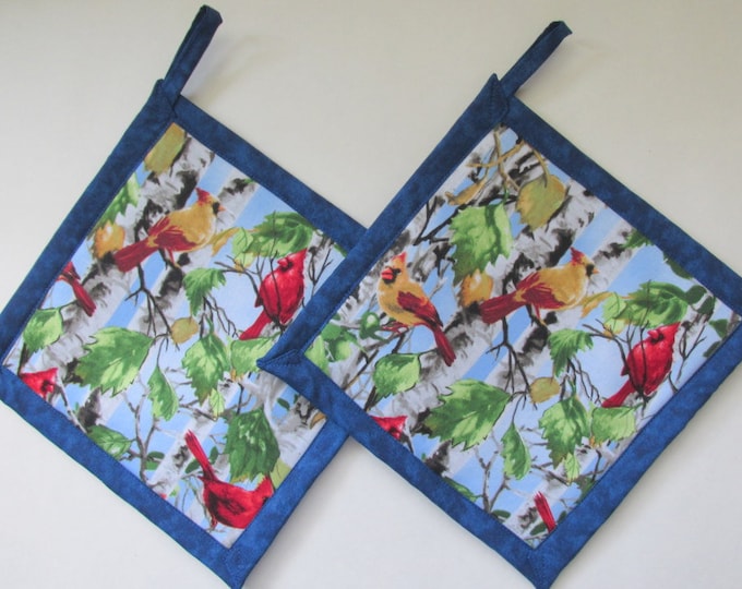 Cardinals in the Birch Trees Blue Potholders, Cardinal Pot Holders ...