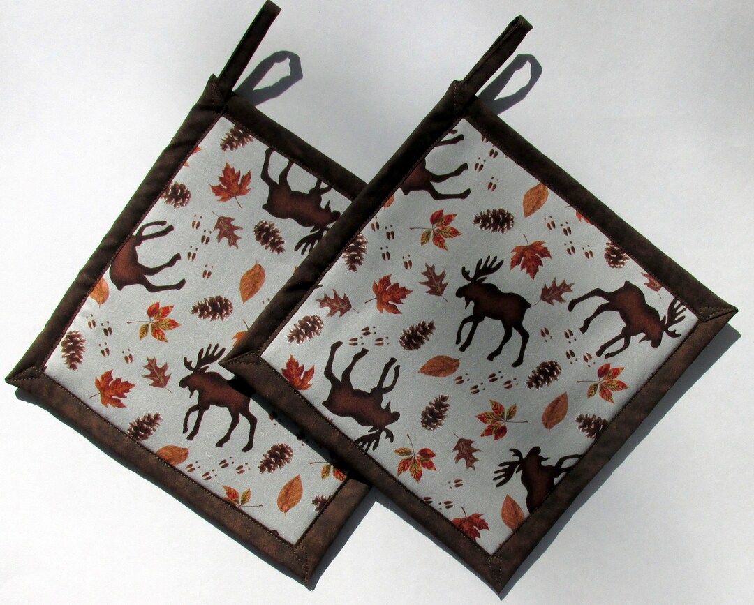 Moose Fall Leaves Brown Potholders, Moose Theme Kitchen, Moose Pot ...