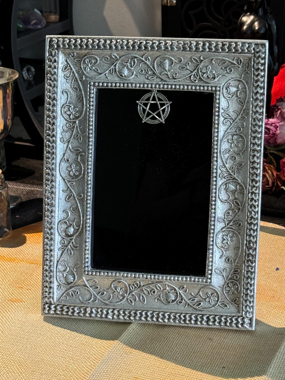 Ornate Silver Floral Frame Scrying Mirror With Pentacle Witchs ...