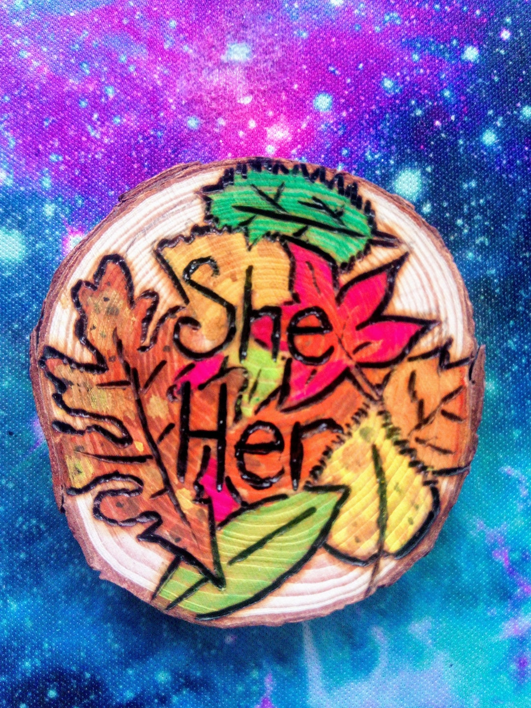 Pyrographed Autumn Leaves Pronoun Pin or Keychain - Etsy