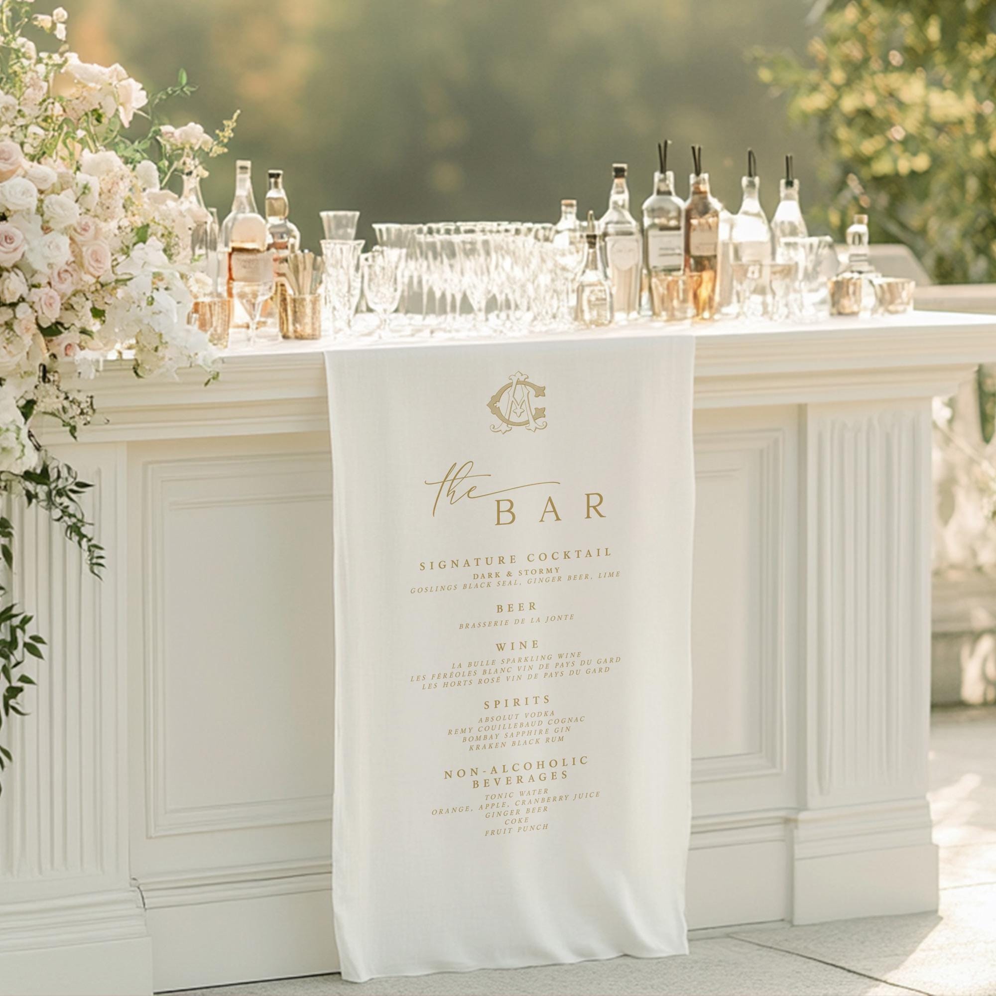 Linen Bar Sign Gold Colour Lettering, Personalised Wedding Bar Menu ...