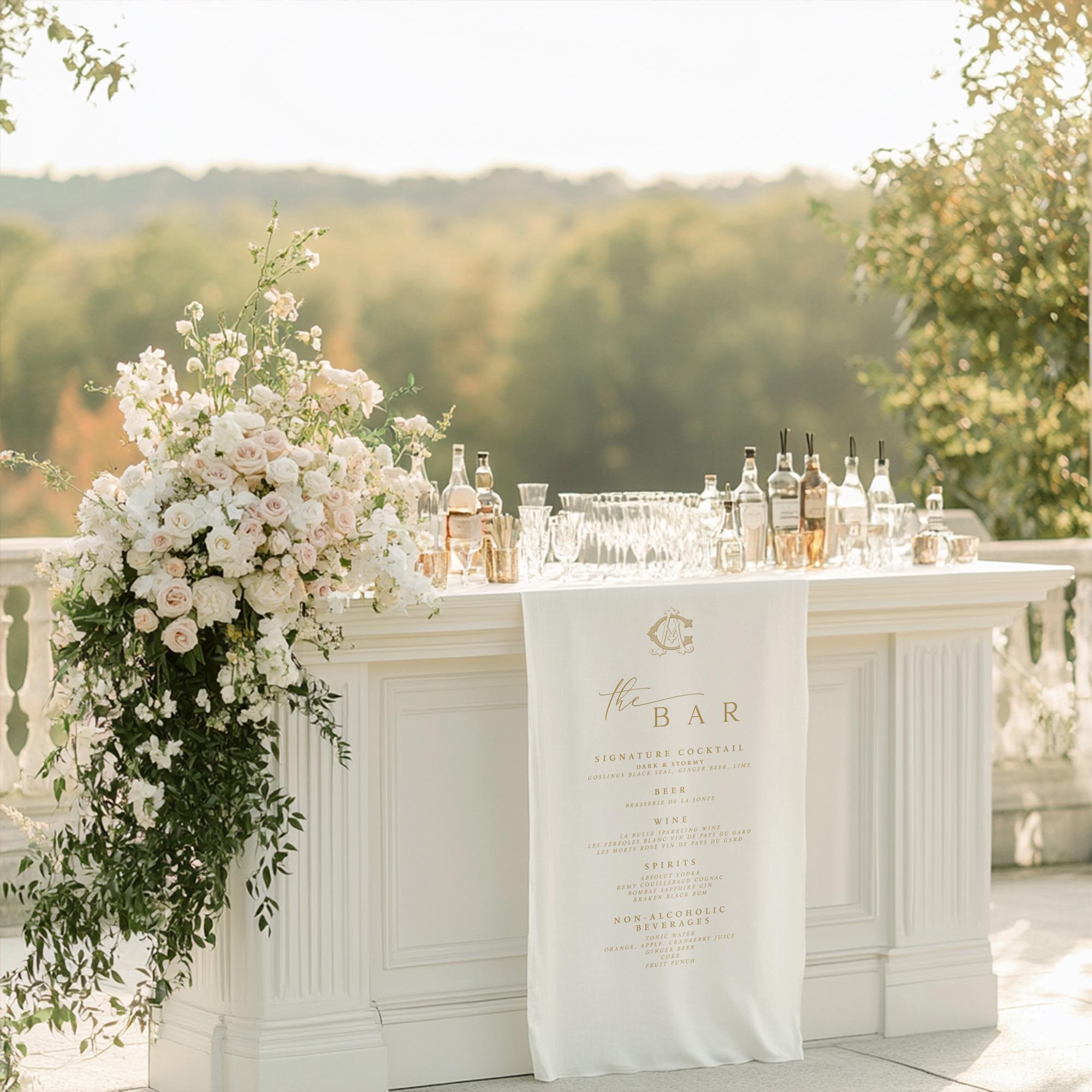 Linen Bar Sign Gold Colour Lettering, Personalised Wedding Bar Menu ...