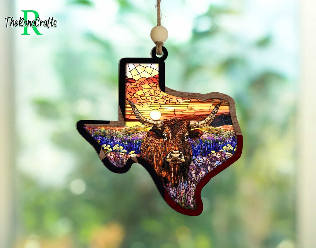 Texas Suncatcher Ornament, Texas Longhorn Ornament, Western Bluebonnet ...