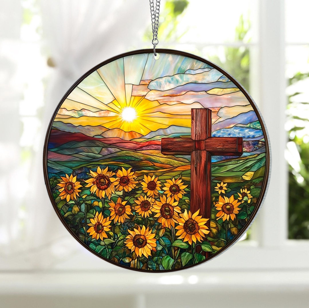 Sunflower and Cross Acrylic Ornament, Floral Window Hanging Ornament ...