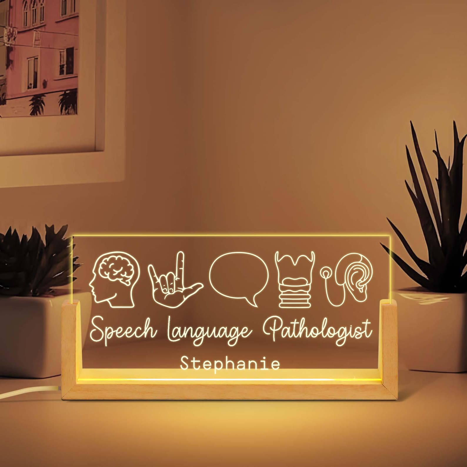 Speech Pathologist Desk Sign, Speech Therapist Night Light, SLP Name ...