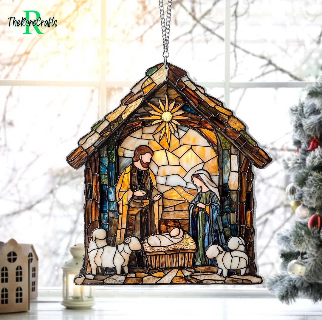 Nativity Scene Suncatcher, Faux Stained Acrylic Christian Window ...