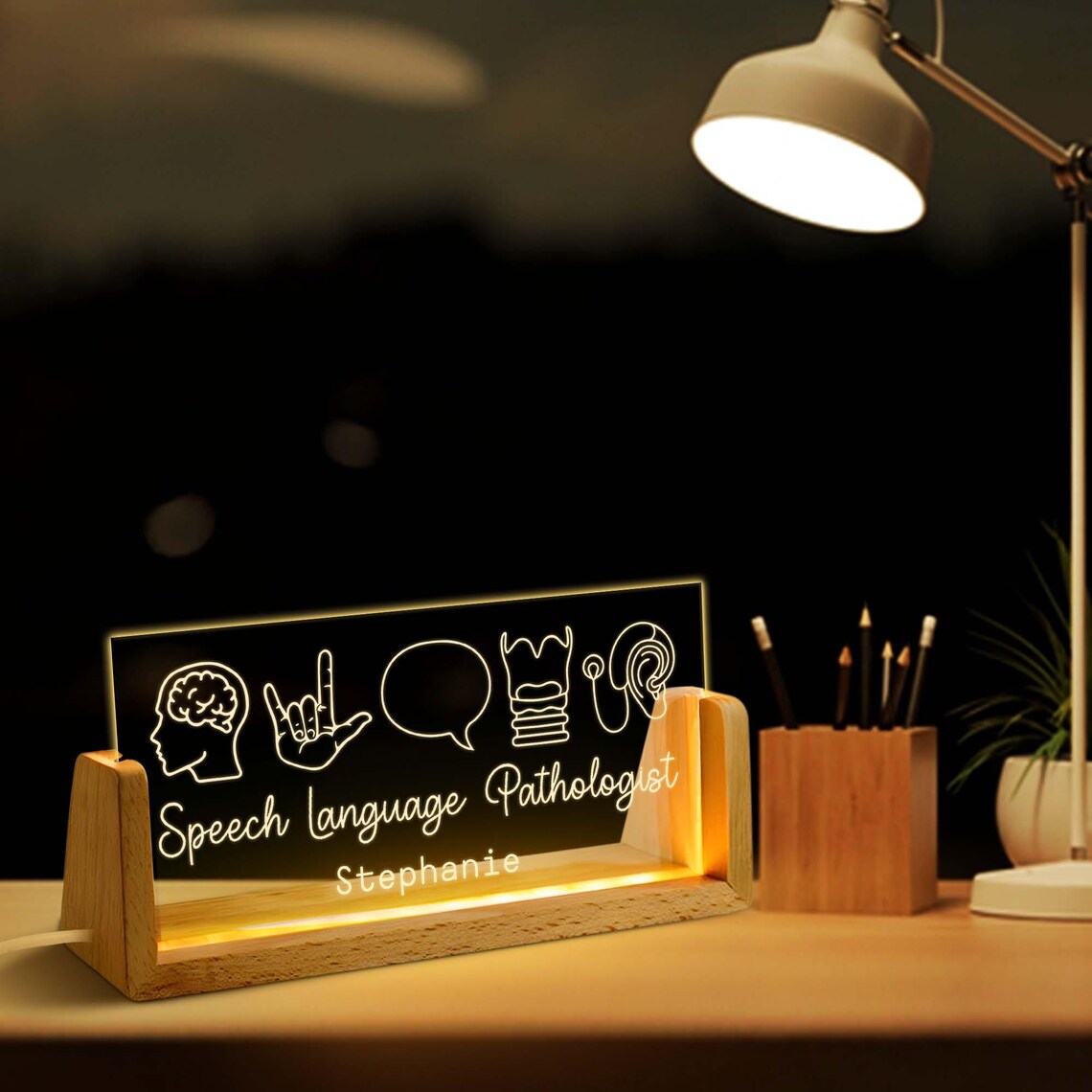 Speech Pathologist Desk Sign, Speech Therapist Night Light, SLP Name ...