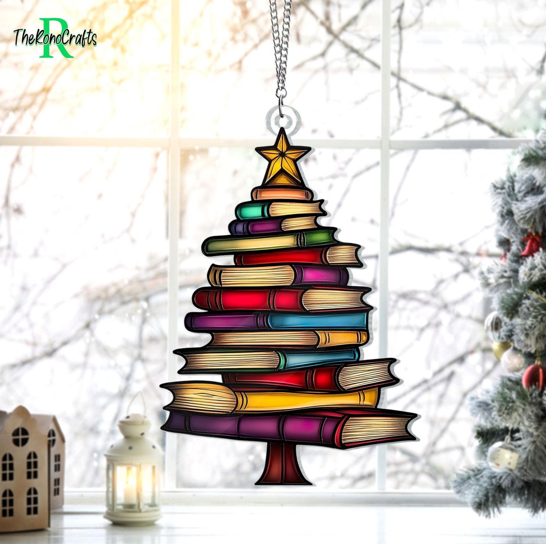 Christmas Book Tree Suncatcher Ornament, Bookworm Gifts, Book Ornament ...