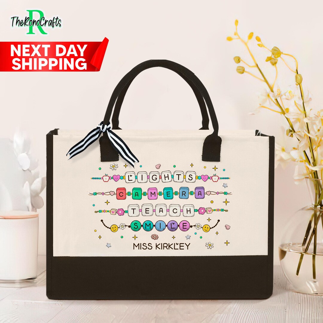 Custom Lights Camera Teach Smile Teacher Tote Bag, Groovy Teacher TTPD ...