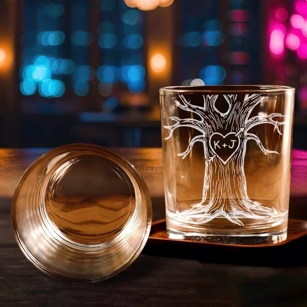 Personalized Engraved Couple Initials Whiskey Glass,a Heart Tree ...