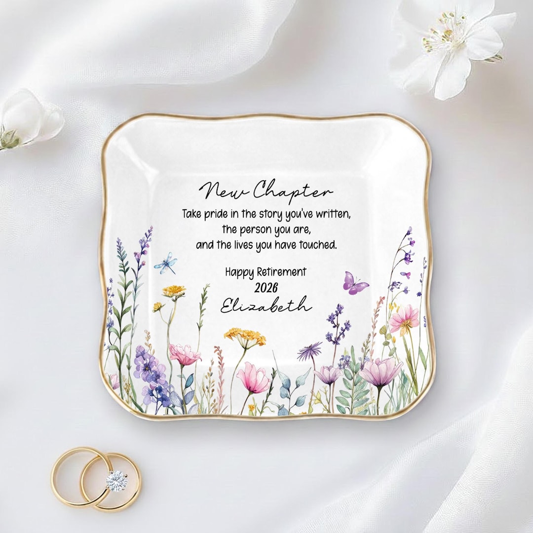 Personalized Happy Retirement Ring Dish, Custom Floral Ceramic Jewelry ...