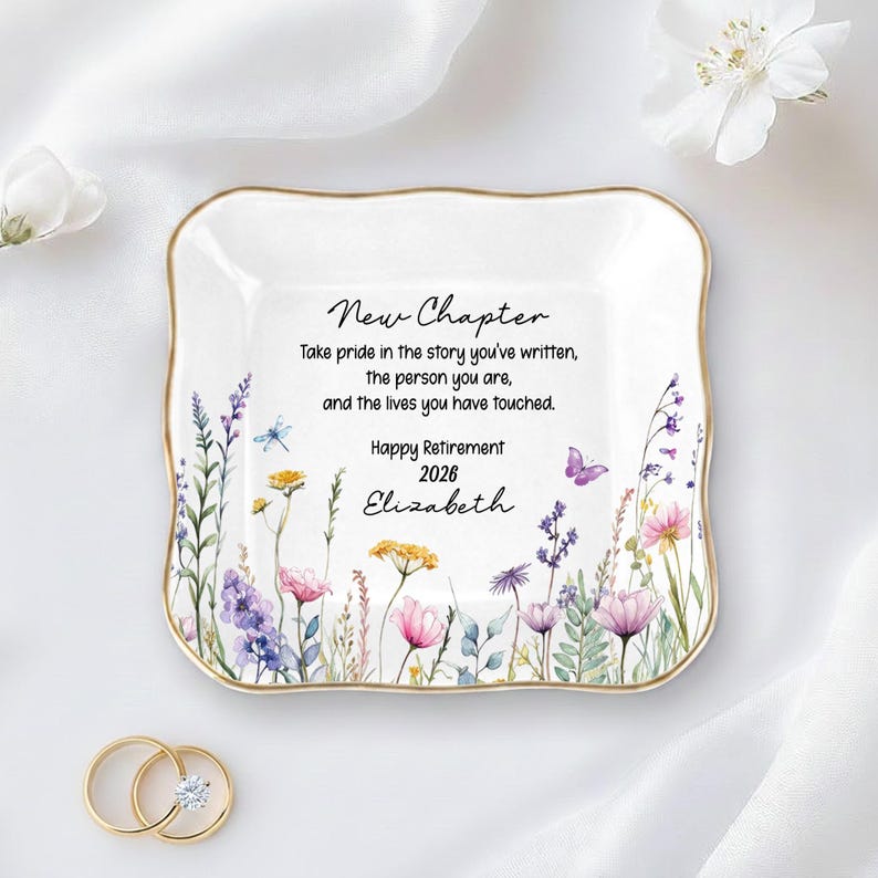 Personalized Happy Retirement Ring Dish, Custom Floral Ceramic Jewelry ...