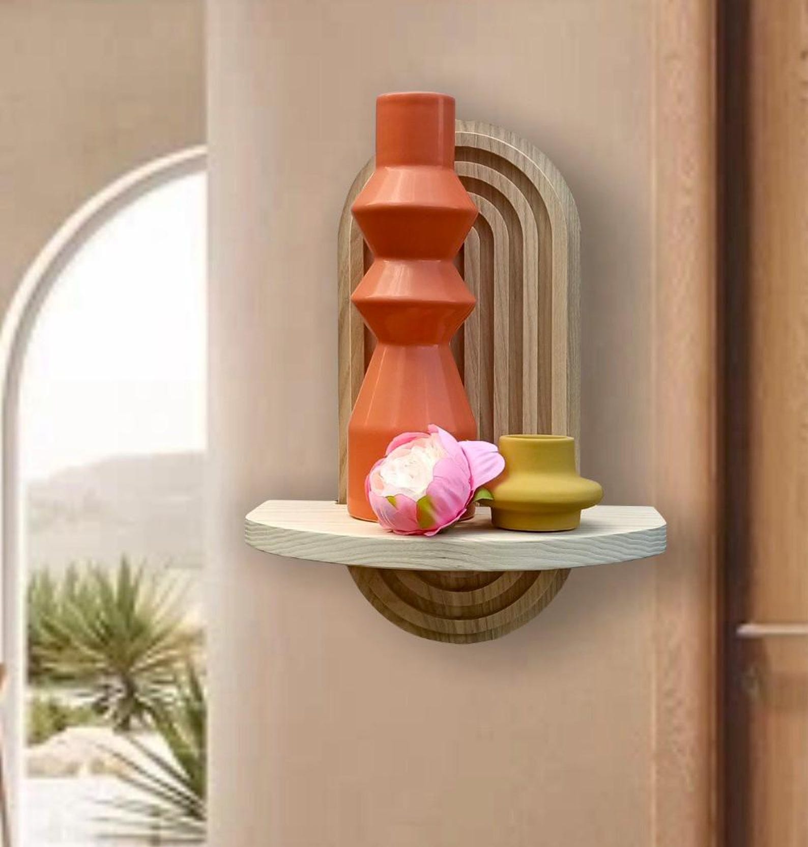 Fluted Arch Natural Floating Shelf Midcentury Modern Floating Shelf ...