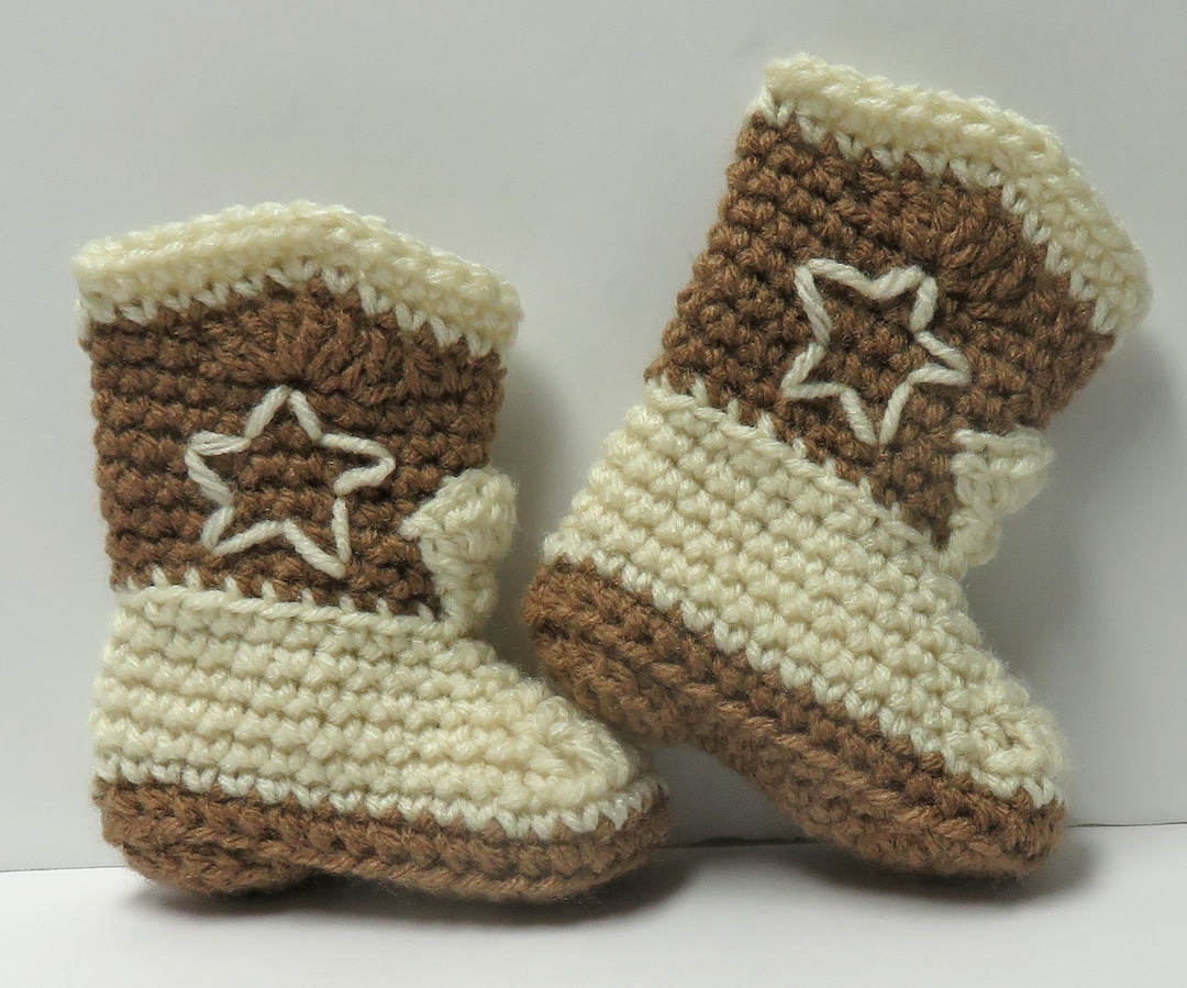 Crocheted Baby Booties Cowboy Style Mocha Brown and Aran Choose a Size ...