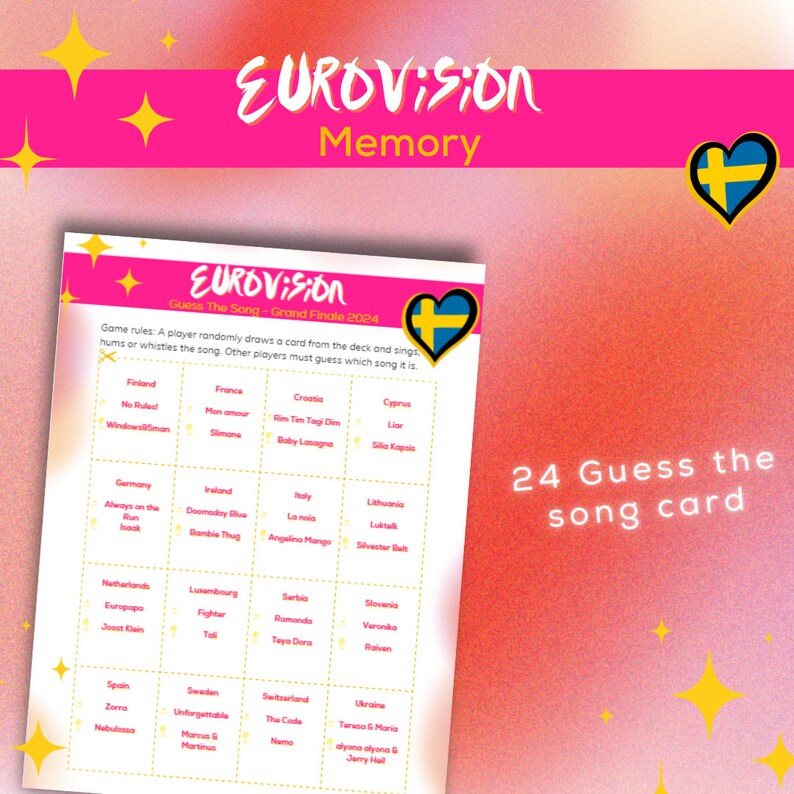 Eurovision Grand Finale 2024 Games memory Cards, Pictionary & Guess the ...