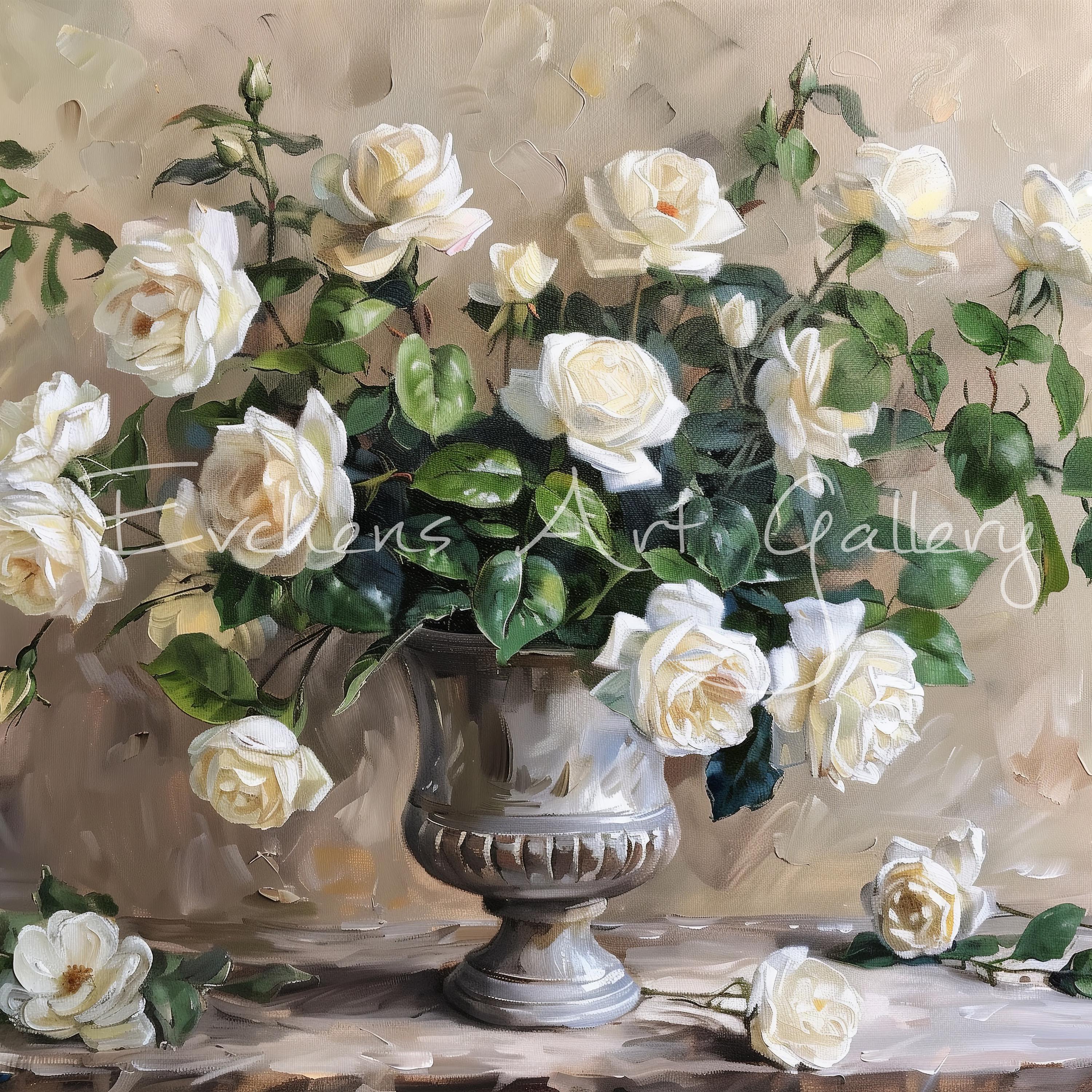 Classic Roses Oil Painting, White Roses, Floral Still Life, Elegant ...