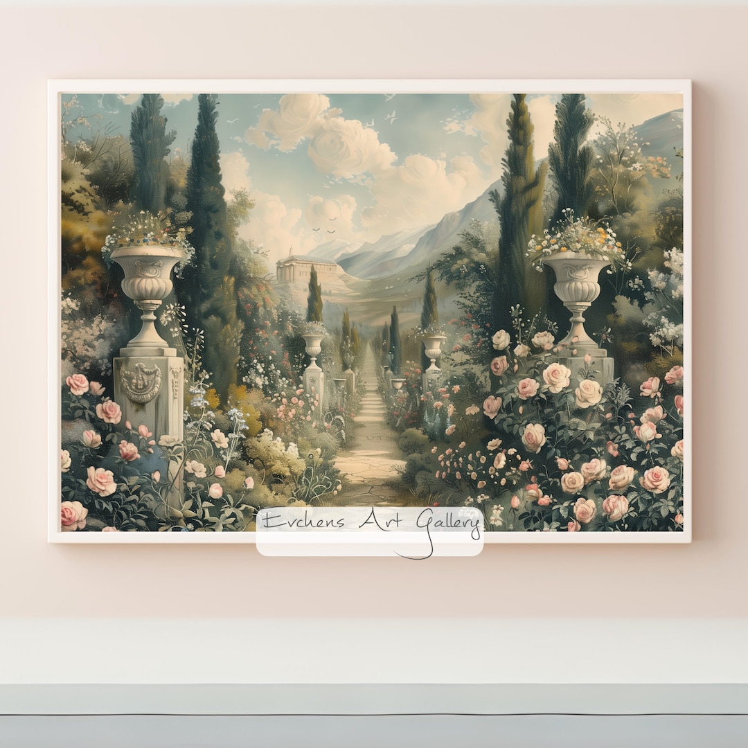 Regency Garden, Wall Art, Botanical Art, Landscape Painting, Vintage ...