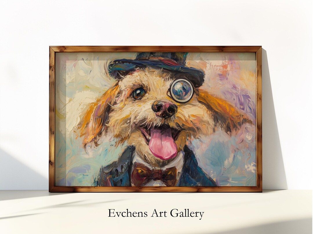 Funny Dog Wall Art, Abstract Oil Painting, Animal Art, Dog With Monocle ...