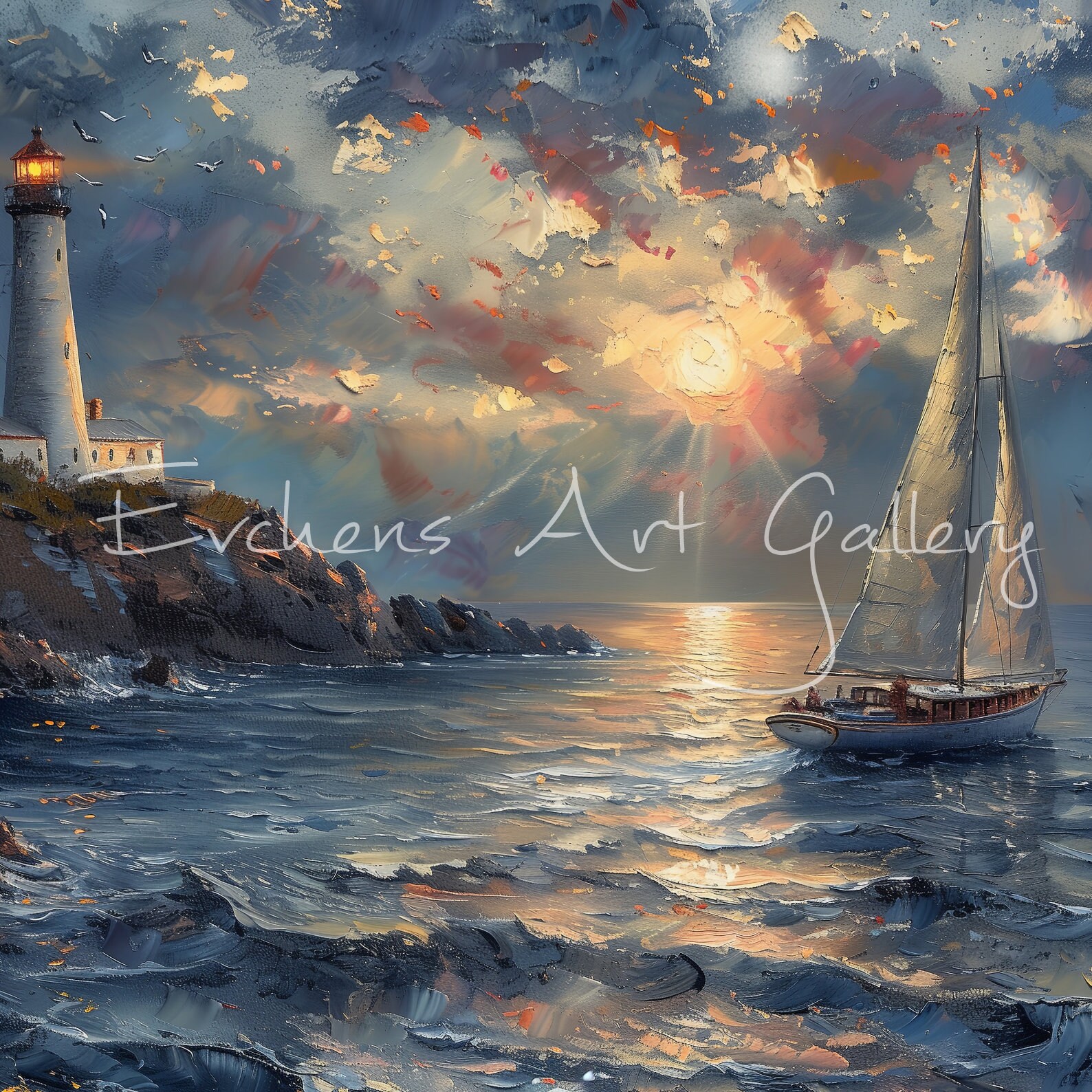 Lighthouse and Sailboat Sunset Wall Art, Ocean Picture, Maritime ...