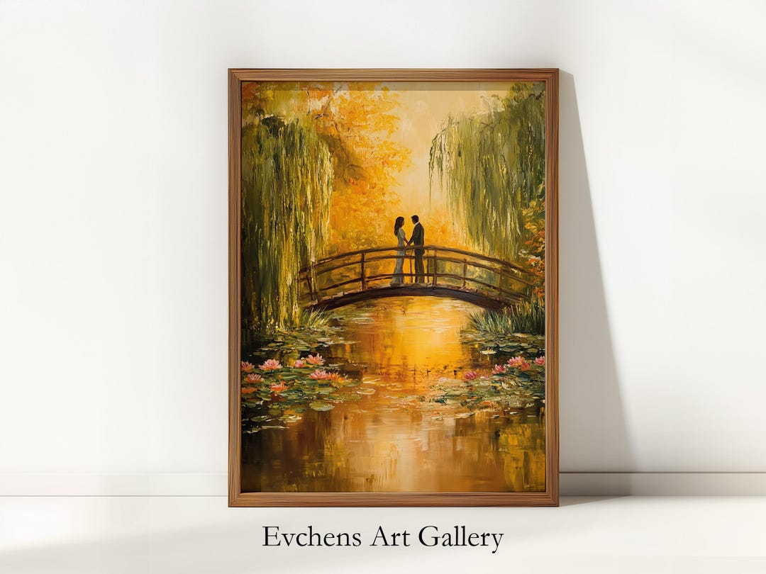 Romantic Bridge Scene Wall Art, Couple on Bridge Oil Painting, Autumn ...