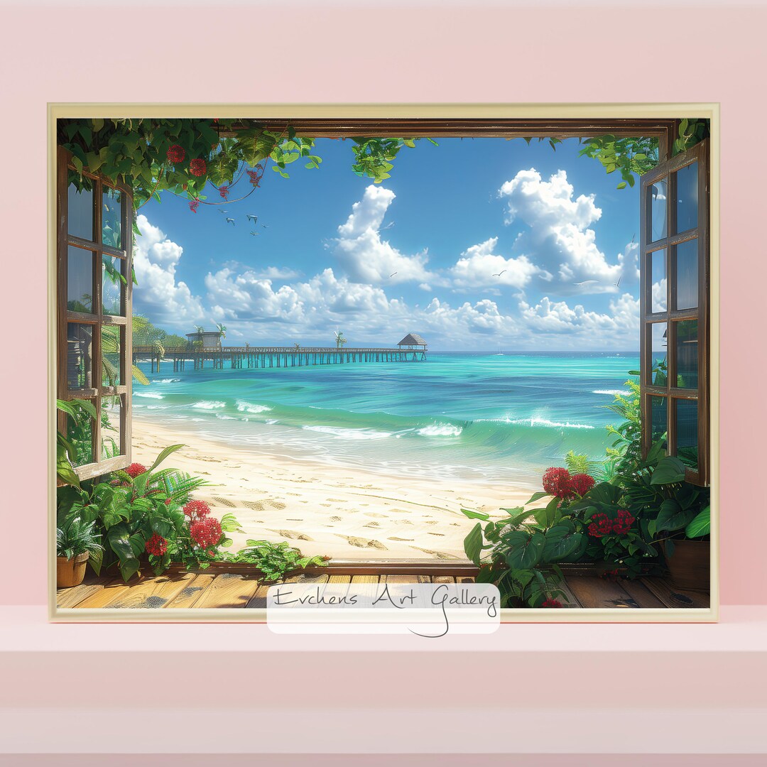 Beach & Tropical Scene Wall Art, Window View of the Ocean, Digital ...