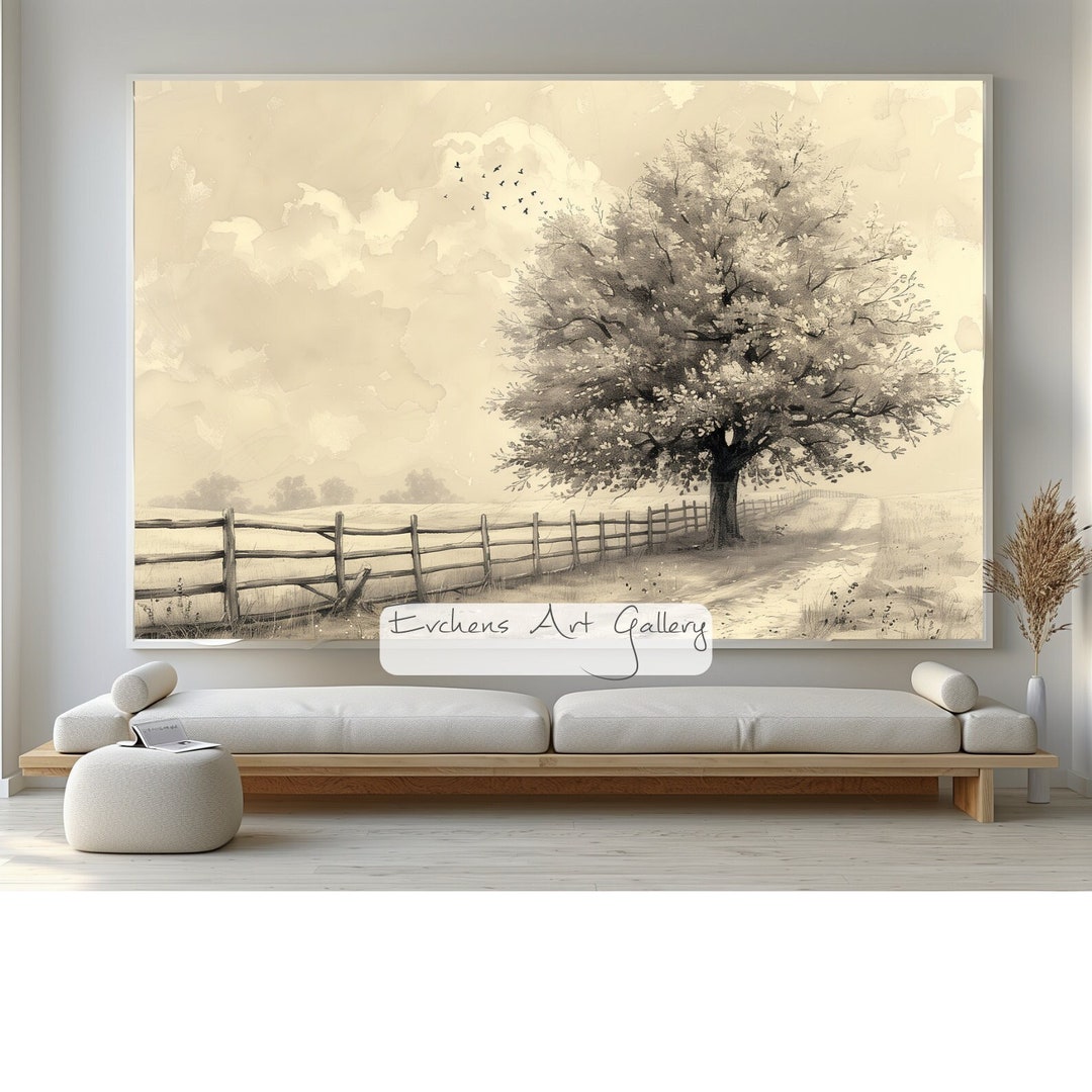 Rustic Apple Tree, Wall Art, Drawing, Sepia Art, Rural Scene, Nature ...
