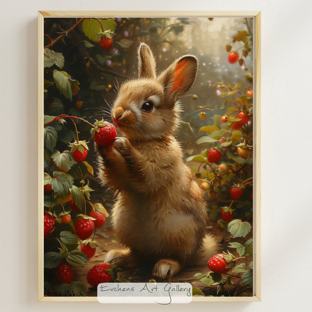 Bunny With Strawberries, Wall Art, Digital Art, Cute Bunny ...