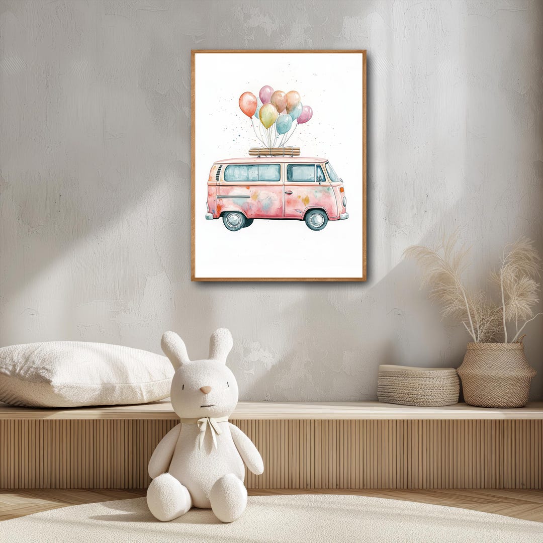 Retro Van Watercolor, Wall Art, Balloons, Digital Art, Boho Decor ...