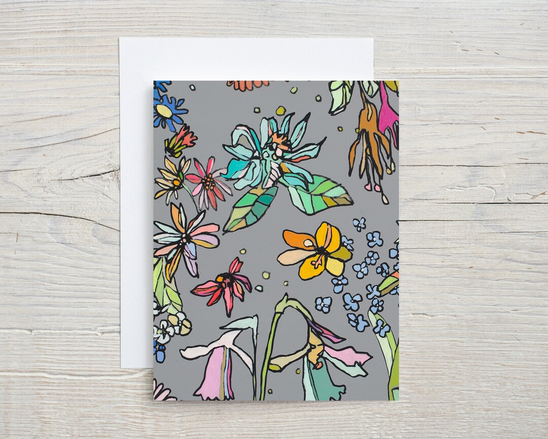 Floral Greeting Card, Grey Rainbow Bright, Turquoise Coral Pink ...