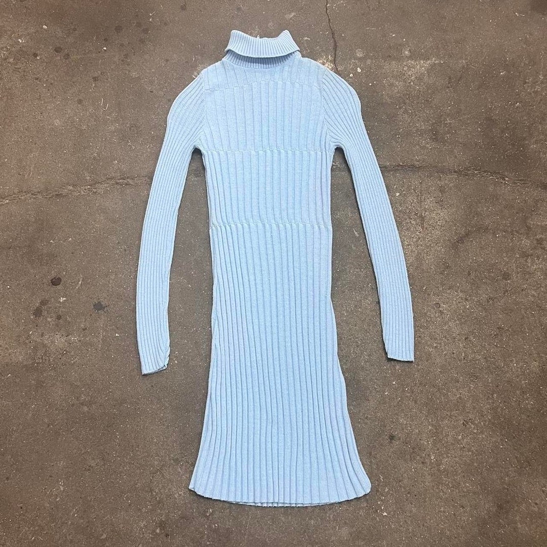 1970s Baby Blue Long Sleeve Turtle Neck Knit Mini Dress Size Xs-medium ...