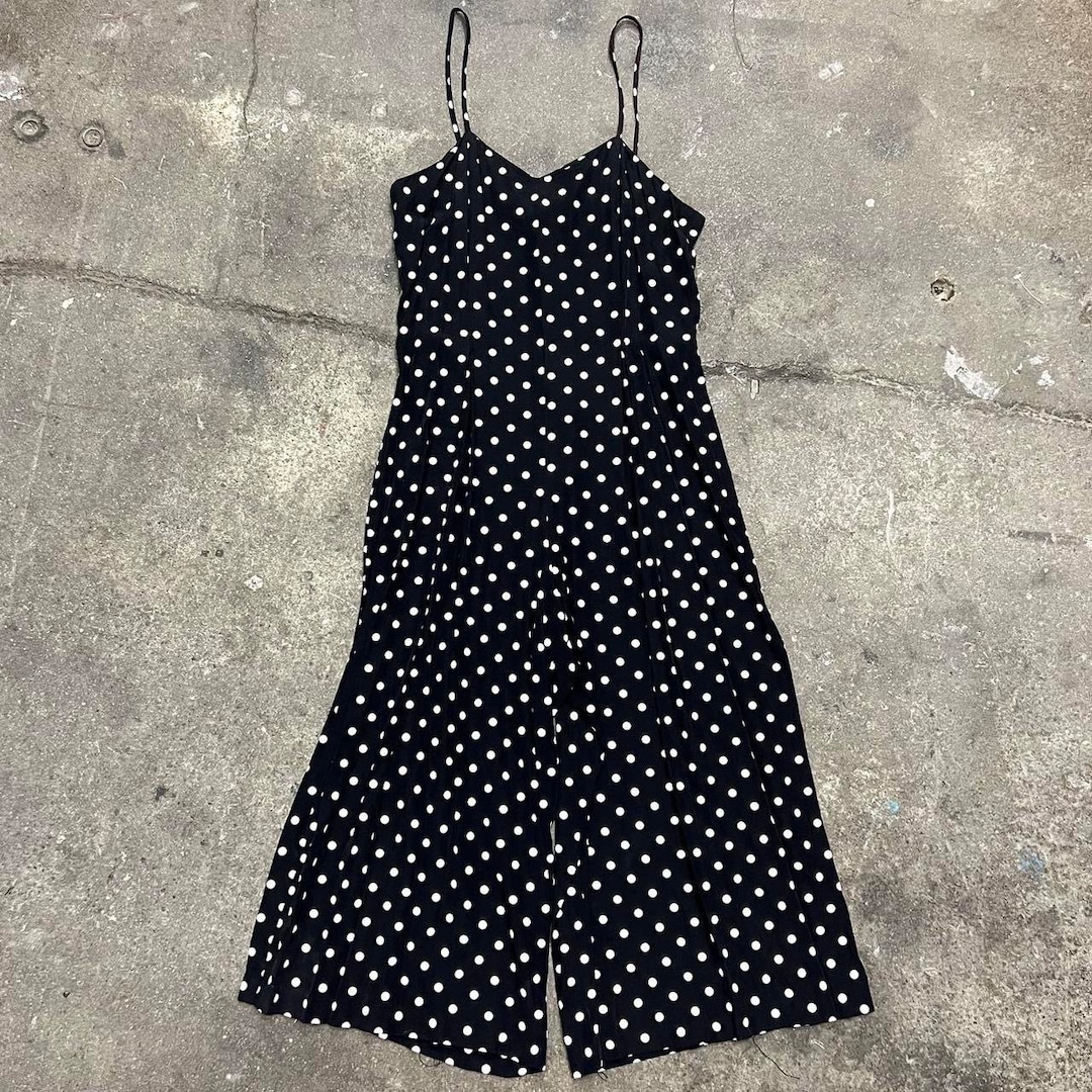 1990s Black and White Polka Dot Spaghetti Strap Cropped Wide Leg ...
