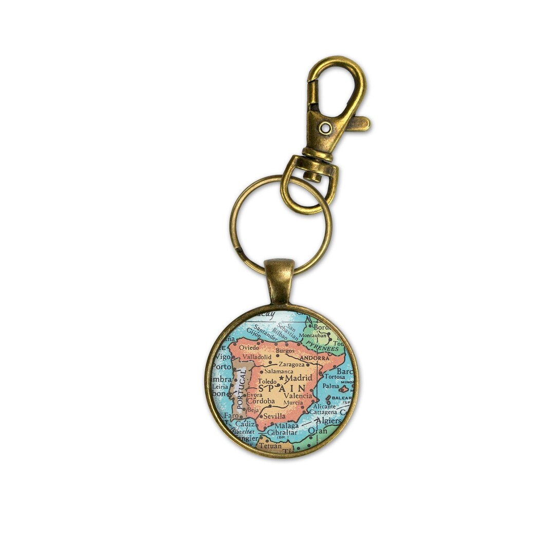 Spain Map Keychain – Domed Glass Key Ring – Vintage Spanish Travel Gift ...