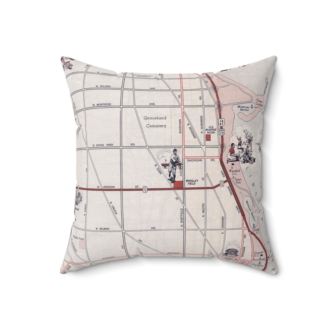 Wrigley Field Chicago Cubs Map Pillow Vintage Map Wrigleyville Lake ...
