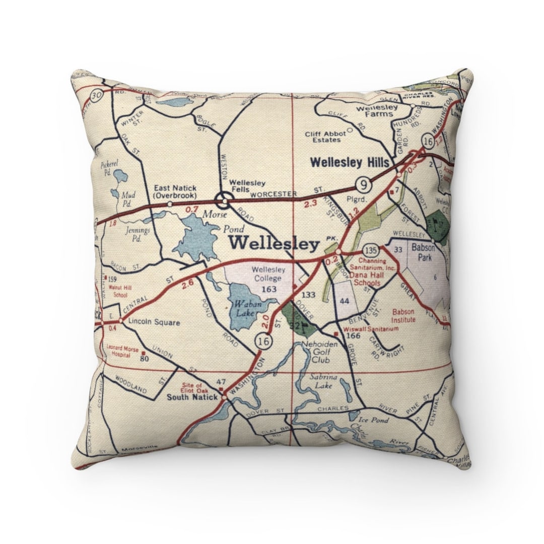 Wellesley College Map Pillow – Vintage Massachusetts Decor, Graduation ...