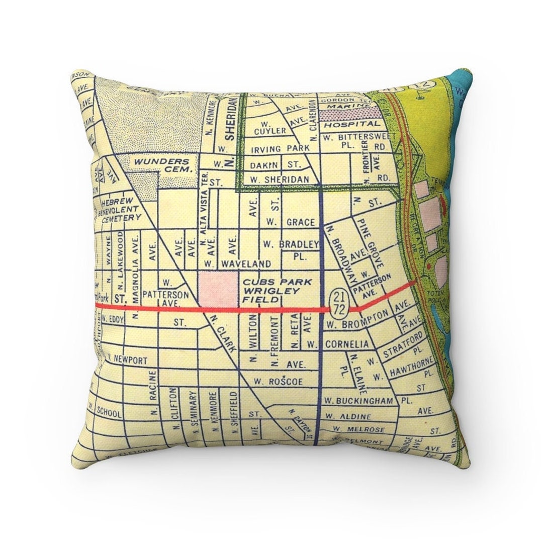 Wrigley Field Chicago Cubs Map Pillow Vintage Map Wrigleyville Lake ...