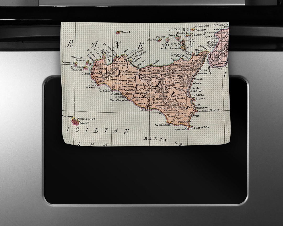 Sicily Map Tea Towel - Sicily Map Kitchen Towel - Sicily Dish Towel ...