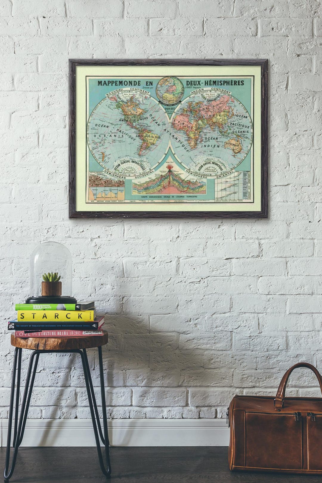 Vintage French World Map Print Wall Hanging Hemispheres Map Poster ...