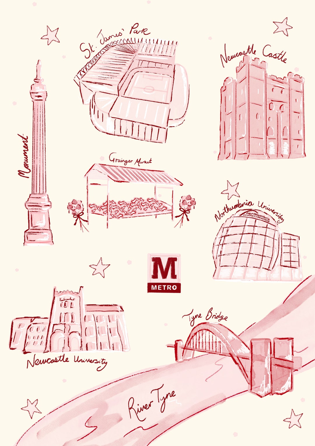 Newcastle Map Sketch Art Print - Etsy UK