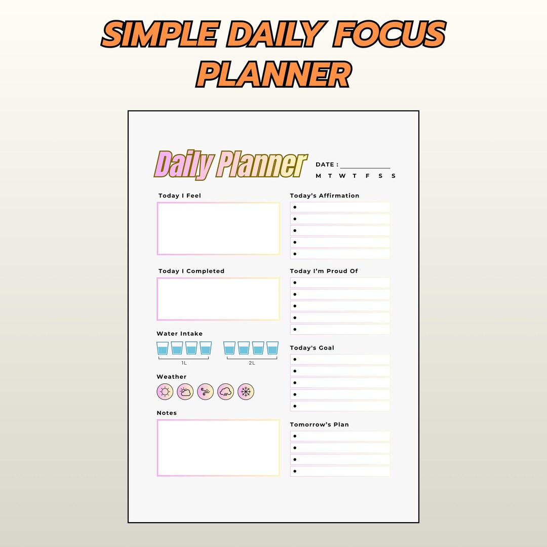 Simple Daily Focus Planner Printable | Minimal Daily Planner Page ...