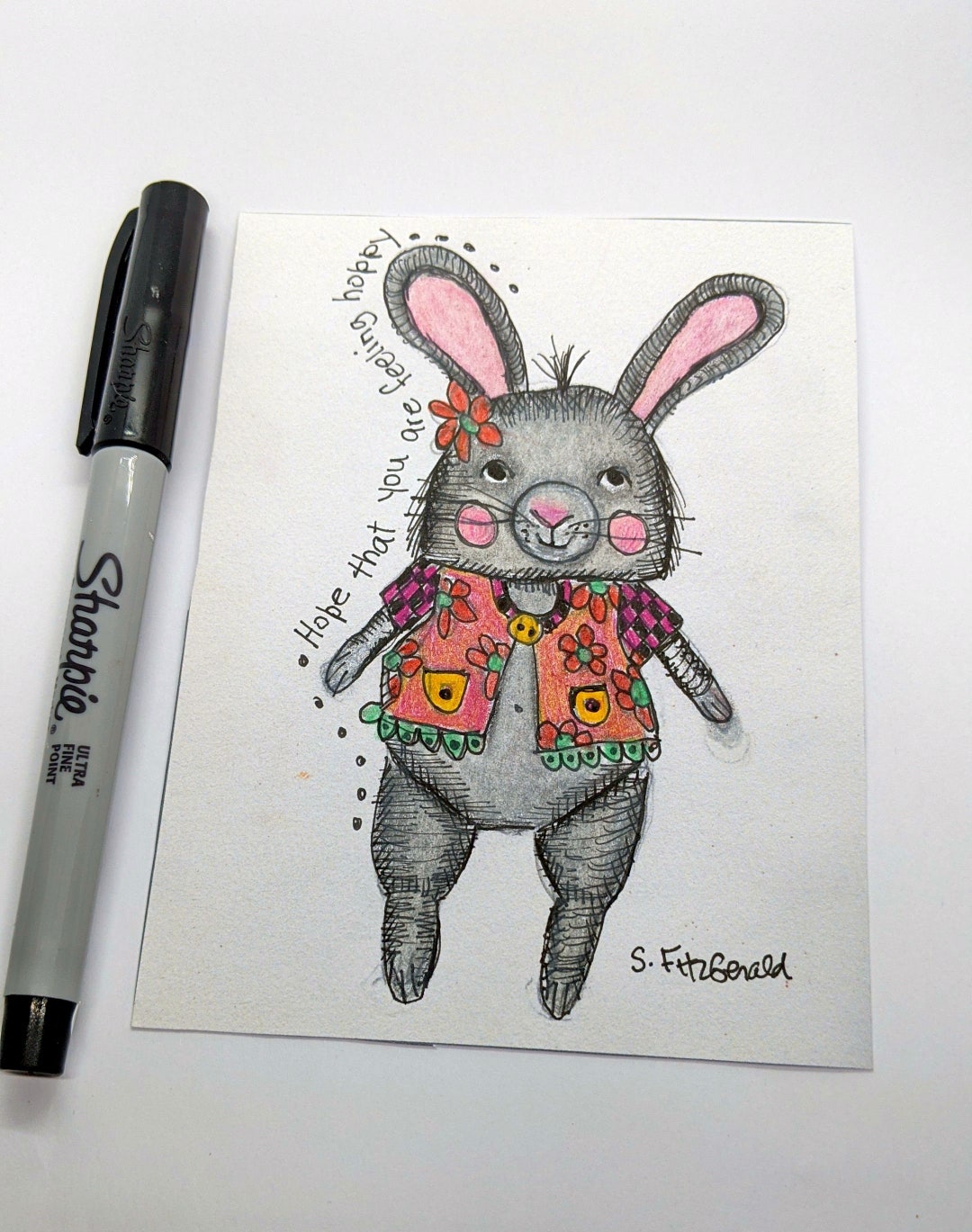 4x5" ORIGINAL ART Rabbit Folk Art Illustration Bunny Cute Fun Quirky ...