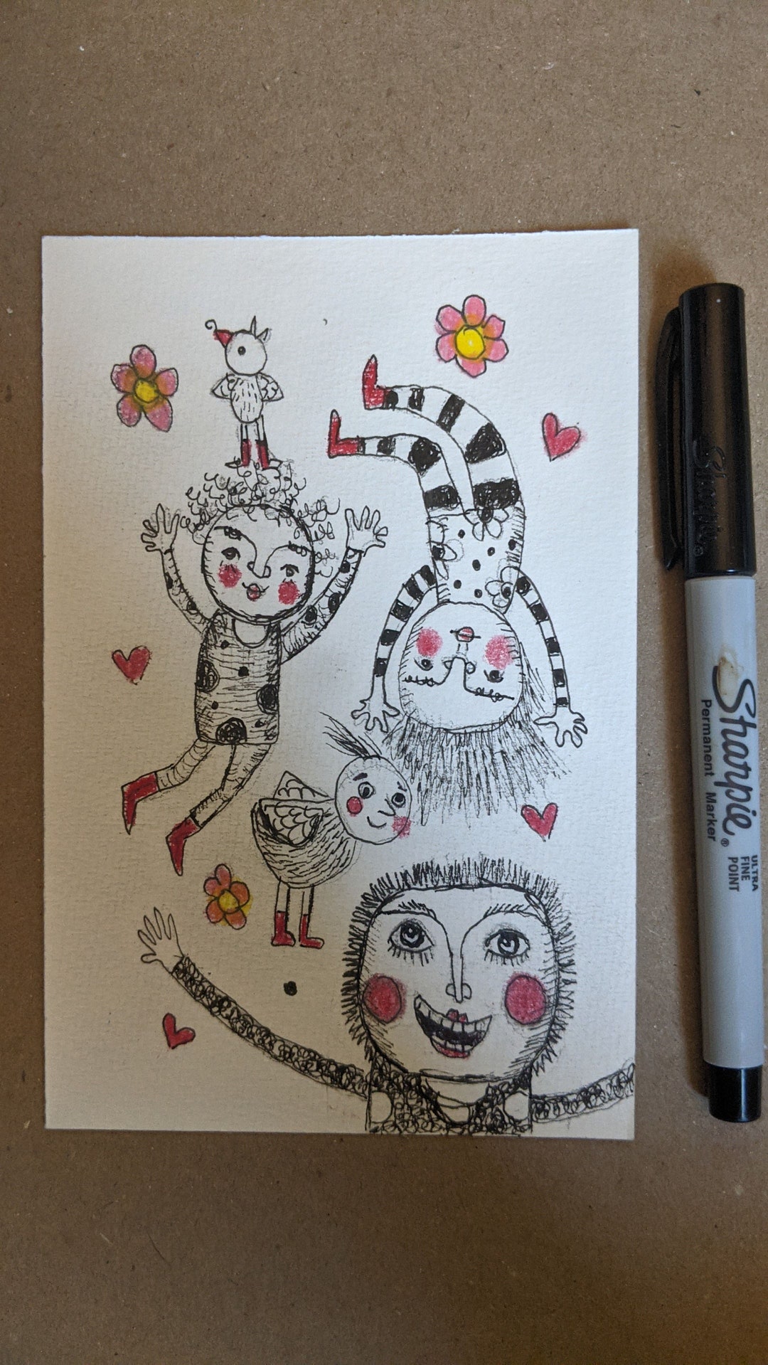 4x6" ORIGINAL ART Birds People Silly Funny Drawing Ink Small 4x6 Paper ...
