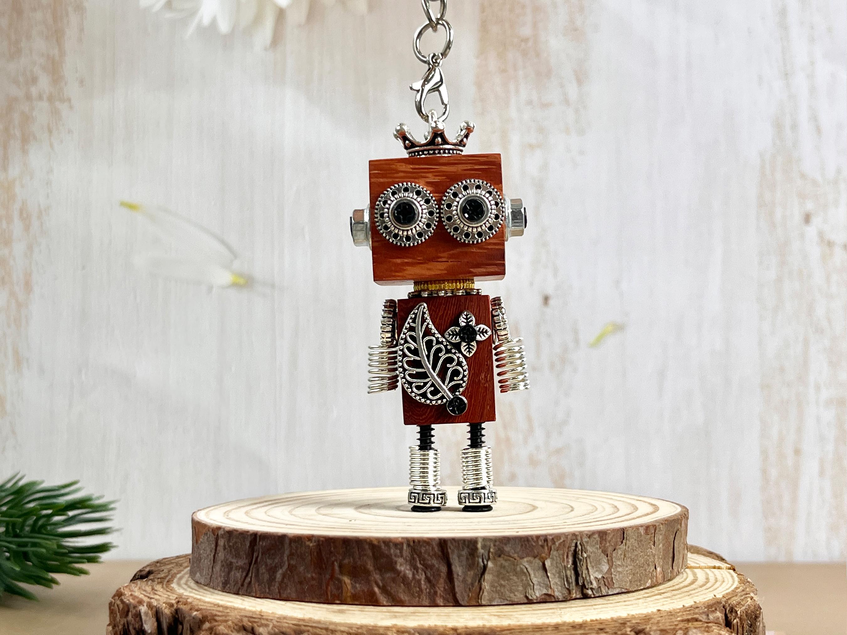 Cute Mini Steampunk Robot Key Chain Charms, Cool Wooden Robot Keyring ...