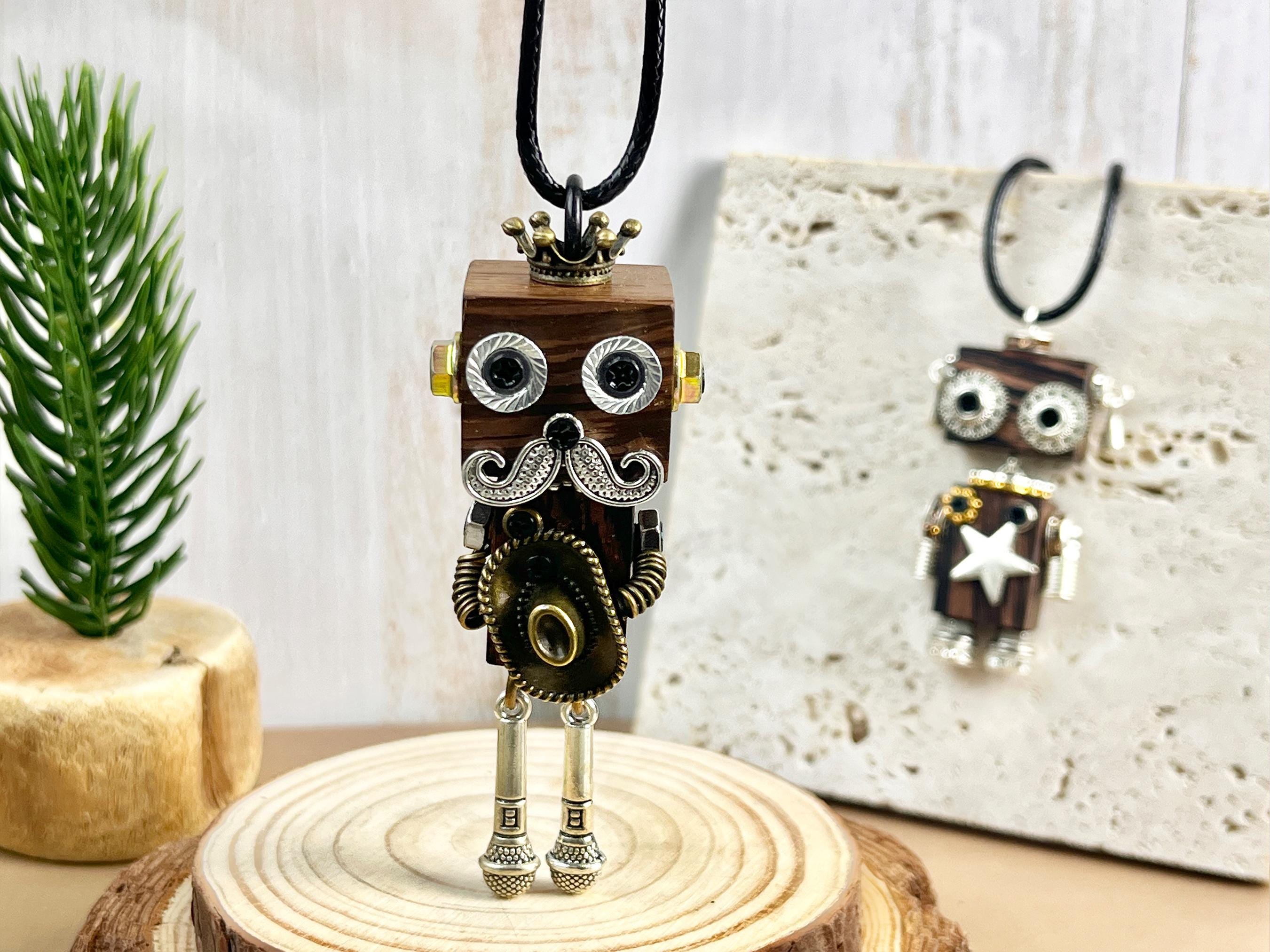 Cute Mini Steampunk Robot Key Chain Charms, Cool Wooden Robot Keyring ...