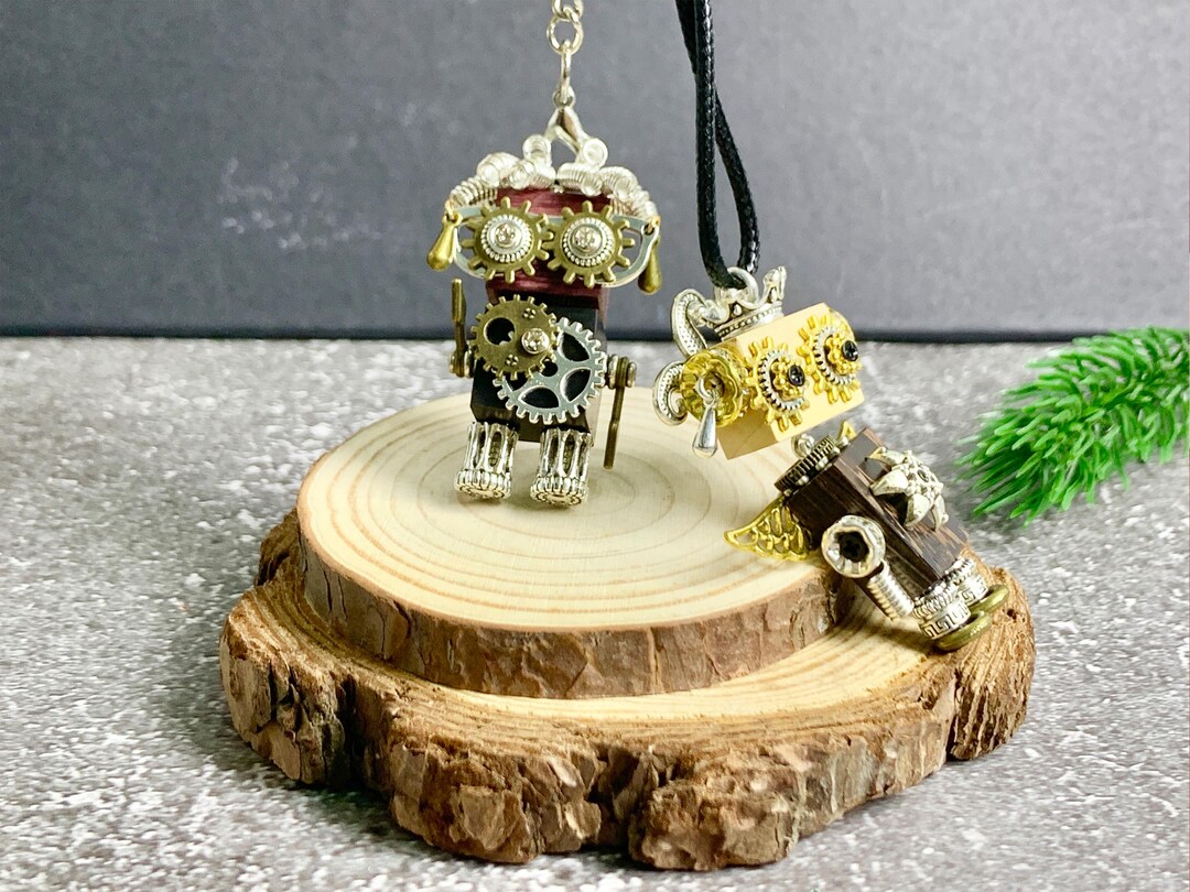 Cool Mini Steampunk Robot Keyring Charms Gift, Cute Robot Keychain Wood ...