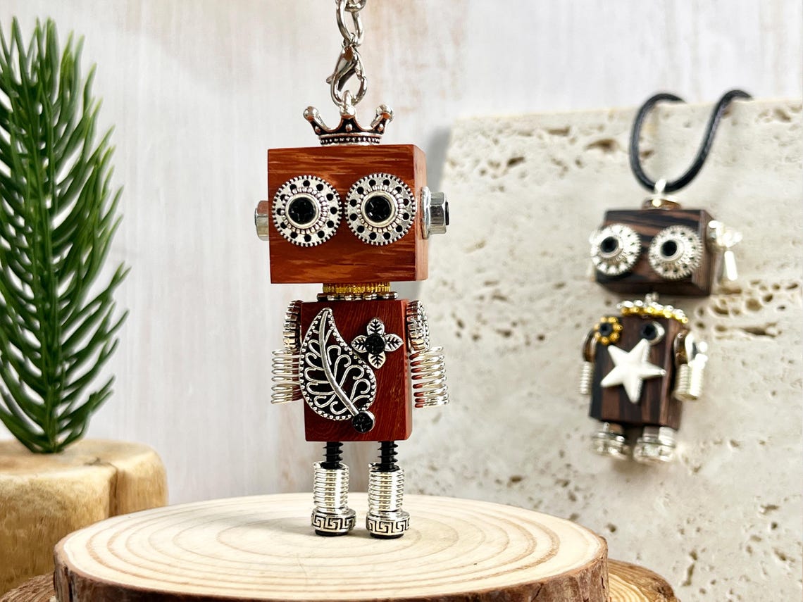 Cute Mini Steampunk Robot Key Chain Charms, Cool Wooden Robot Keyring ...